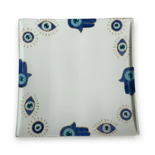 CASA DUNIYA Hand-painted Evil Eye Square Karima Serving Platter - White