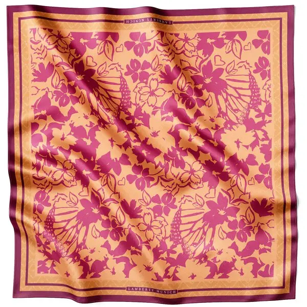 LAMBERTY MUNICH Spring Florals In Bloom Midi Silk Scarf Sunset - Orange