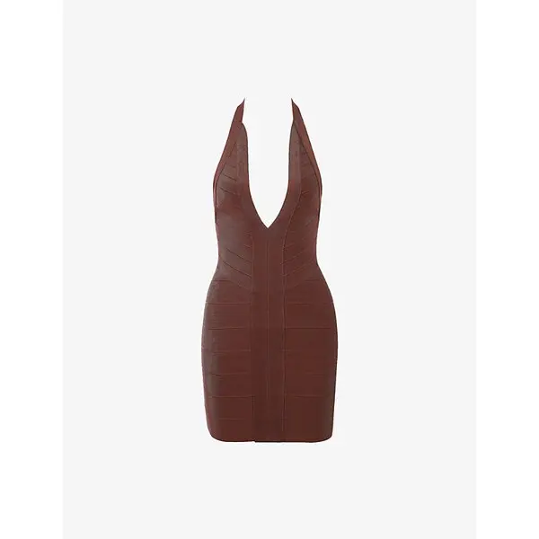 House Of Cb The Plunge Halter-neck Stretch-woven Mini Dress L - Brown