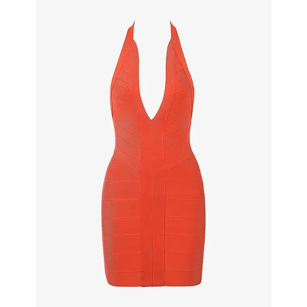 House Of Cb The Plunge Halter-neck Stretch-woven Mini Dress - Tomato