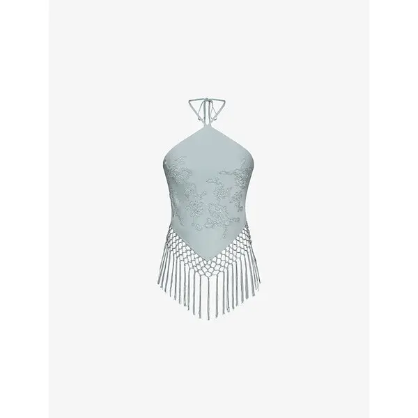 House Of Cb Sareena Hand-embellished Halter-neck Woven Top L - Jade
