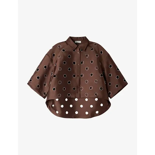 Sandro Rhinestone-embellished Cut-out Cropped Woven Shirt - Brown