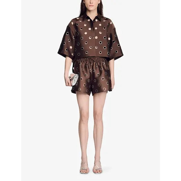 Sandro Rhinestone Embellished Cut-out Cropped Woven Shirt