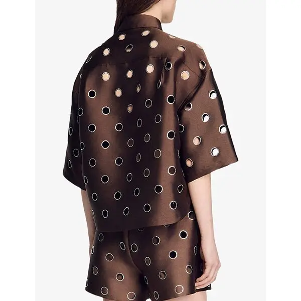 Sandro Rhinestone Embellished Cut-out Cropped Woven Shirt