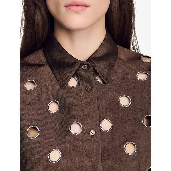 Sandro Rhinestone Embellished Cut-out Cropped Woven Shirt