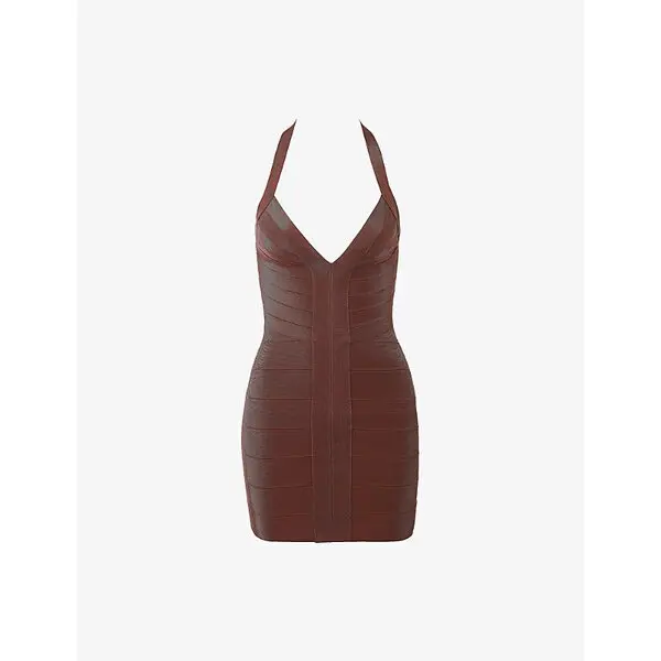 House Of Cb The Contour Halter-neck Stretch-woven Mini Dress - Brown