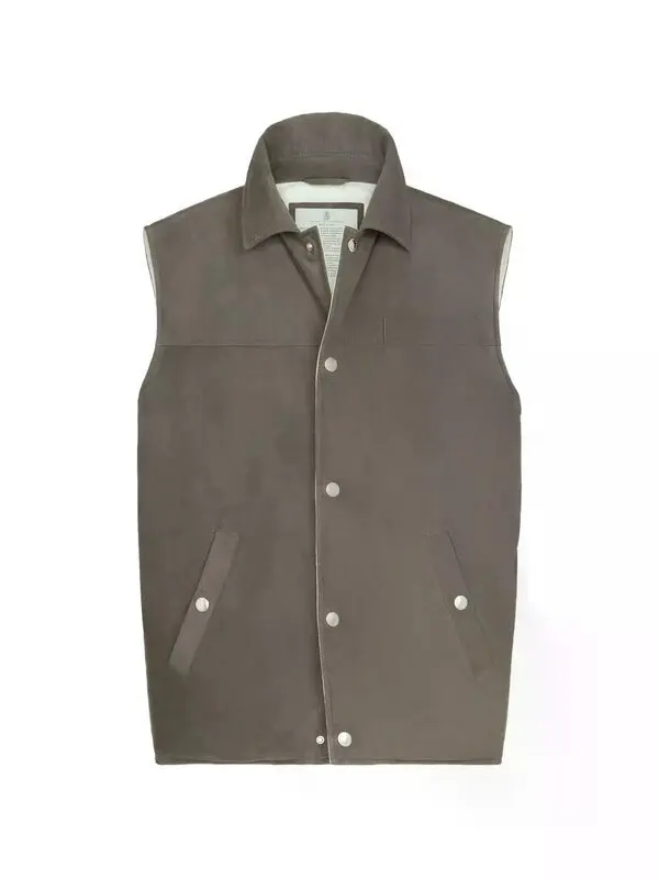 Brunello Cucinelli Suede Down Vest With Shirt-style Collar - Grey