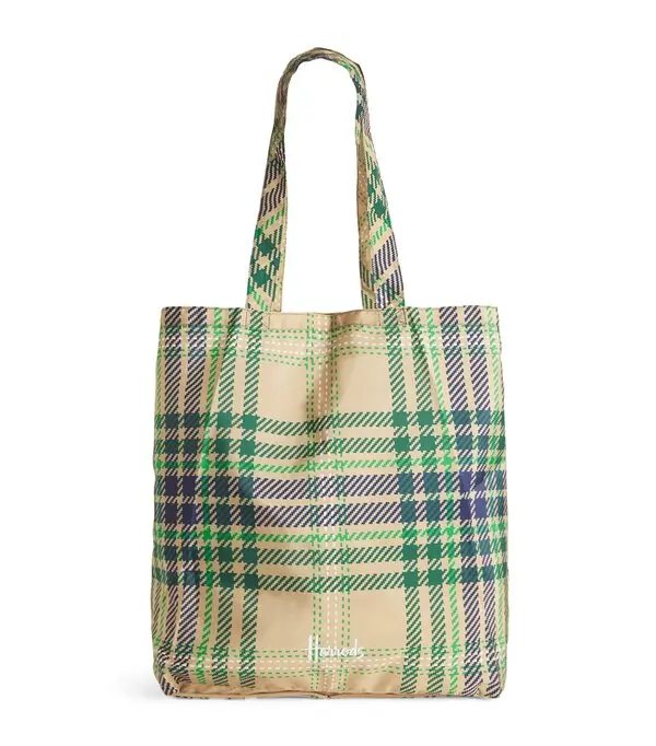 Harrods Tartan Logo Packable Shopper Bag - Green