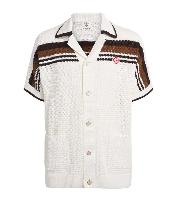 Casablanca Cotton Crochet Tennis Stripe Polo Shirt - White