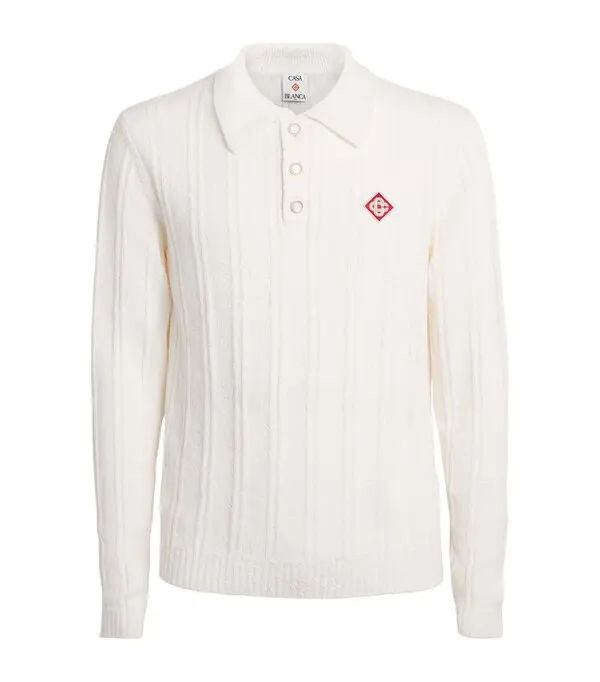 Casablanca Boucle Long-sleeve Polo Sweater - White
