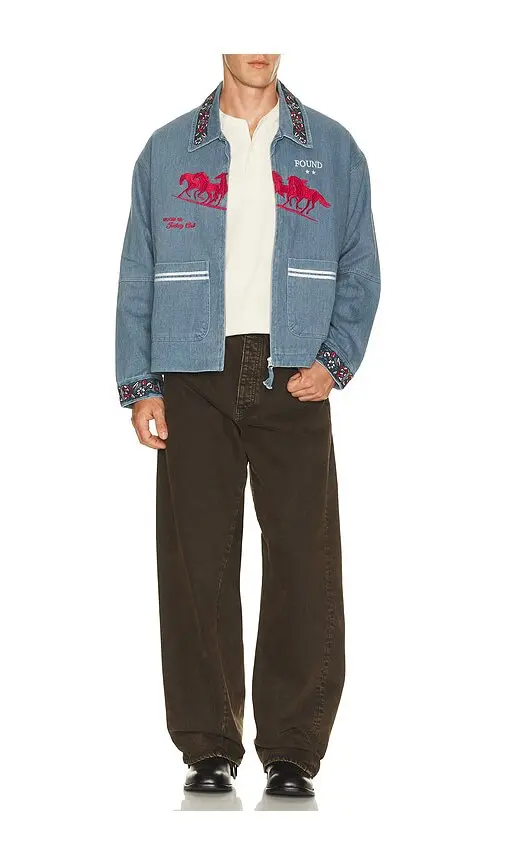 FOUND Jockey Club Embroidered Denim Jacket - Blue