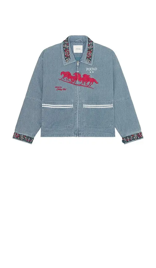 FOUND Jockey Club Embroidered Denim Jacket - Blue