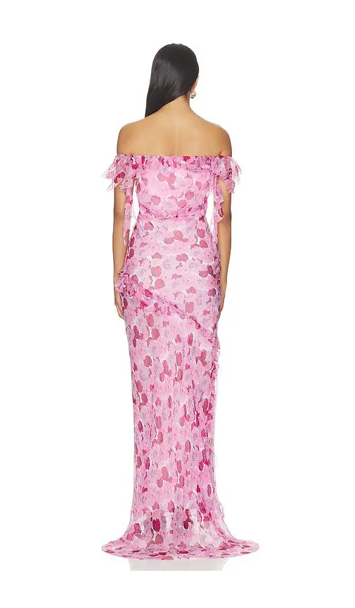 Saloni Off-the-shoulder Ruffle Trim Floral Chiffon Gown
