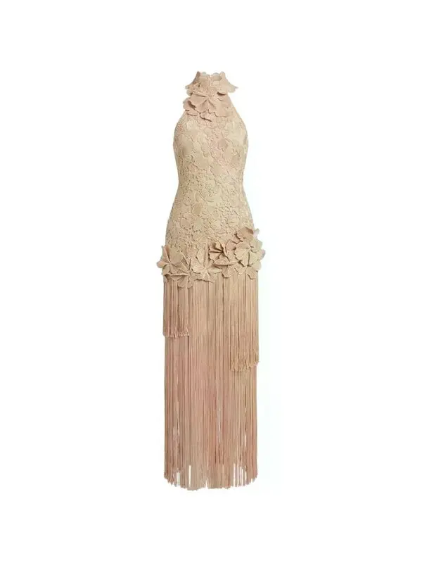 Elie Saab Raffia-embroidered Fringed Dress - Neutrals