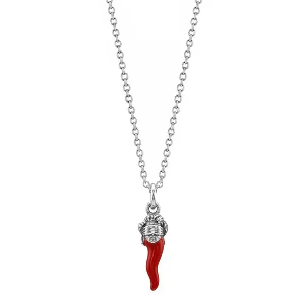 UNALOE Silver / Red Sterling Silver See No Evil Red Italian Horn Pendant Necklace - Silver/red