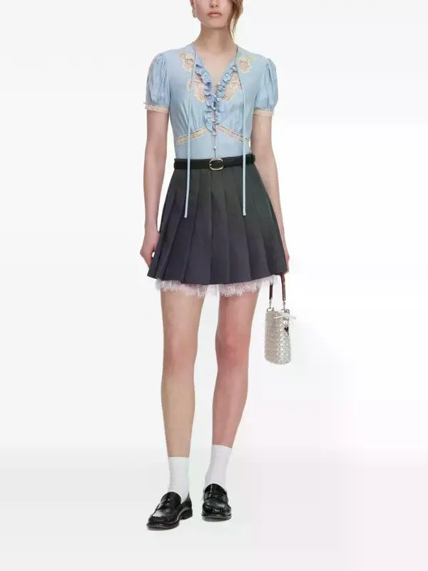 SELF-PORTRAIT Lace-trimmed Ruffled Blouse - Blue