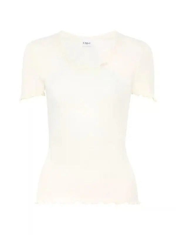 Chloé Ribbed Lace-trim Short-sleeve Top - Neutrals
