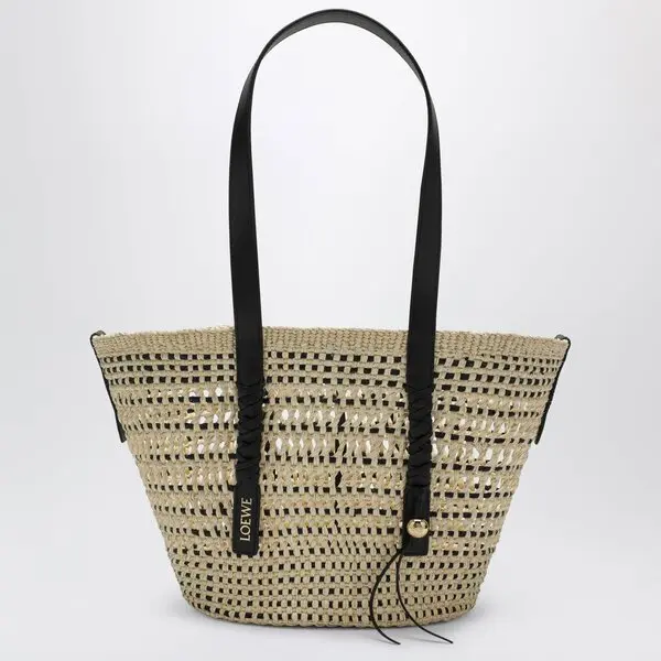 Loewe Medium Black Iraca Palm And Leather Braid Basket Bag
