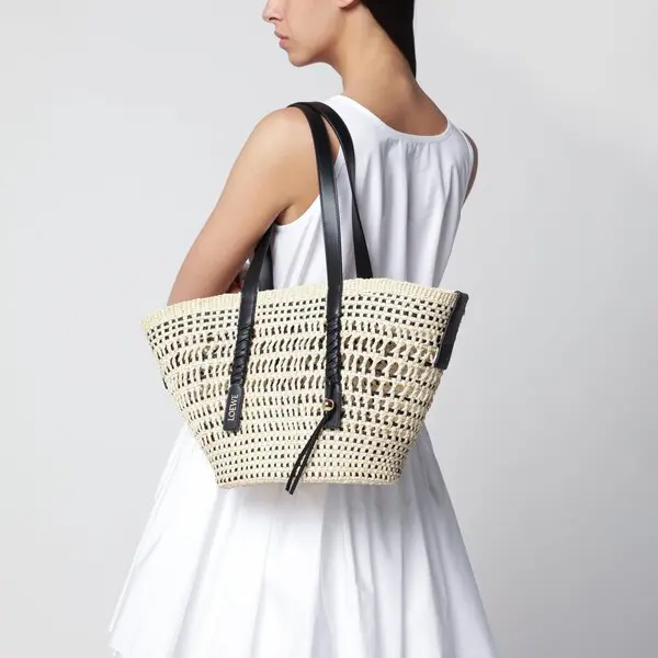 Loewe Medium Black Iraca Palm And Leather Braid Basket Bag