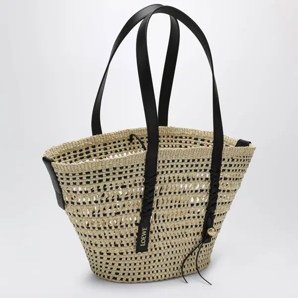 Loewe Medium Black Iraca Palm And Leather Braid Basket Bag