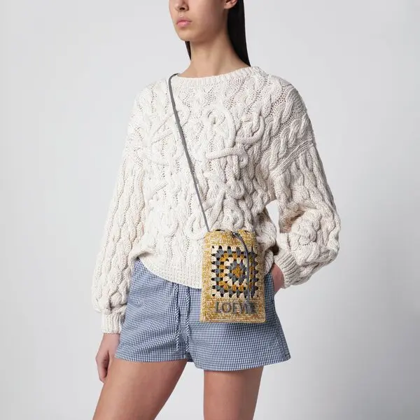 Loewe Pearl /mustard Raffia And Leather Drawstring Pouch