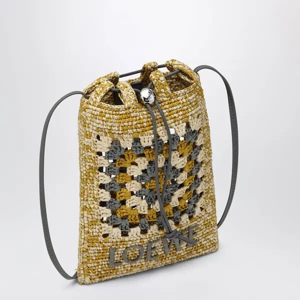 Loewe Pearl /mustard Raffia And Leather Drawstring Pouch