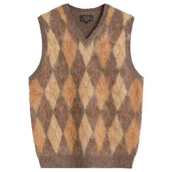 BEAMS Mohair Argyle Knit Vest - Brown