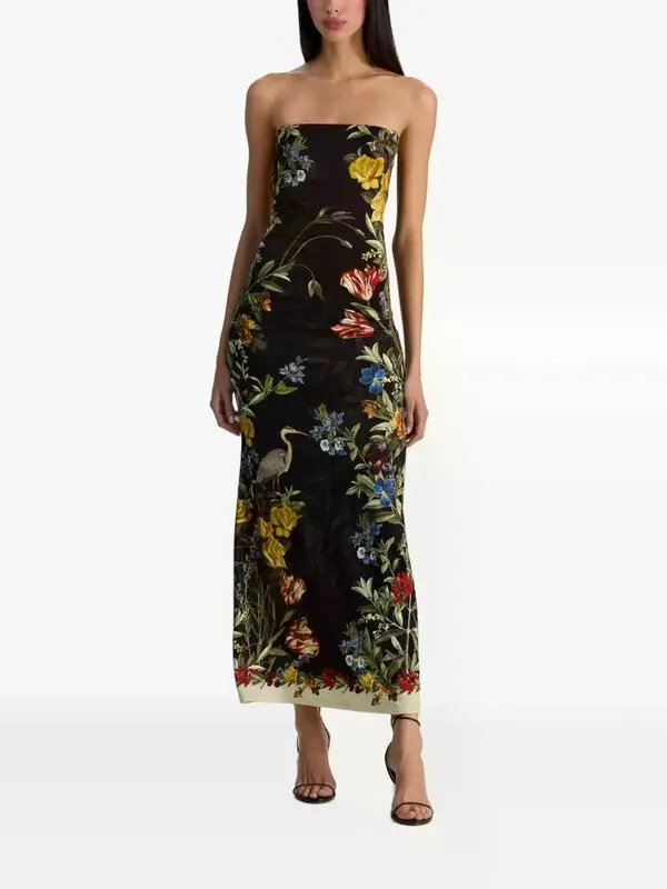 Alice + Olivia Strapless Floral Print Midi Dress