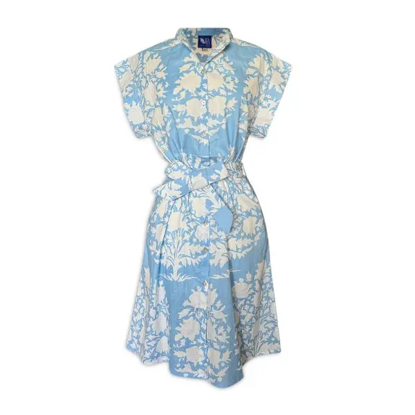 PICK HAPPY Cap Sleeve Printed Cotton Shirt Dress - Blue
