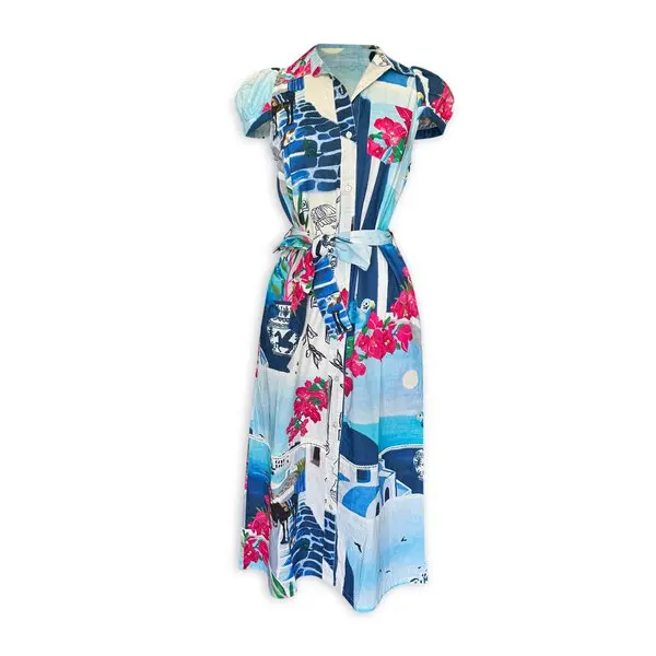 PICK HAPPY Blue / White Amelia Puff Sleeve Shirt Dress Santorini Limited Edition - Blue/white
