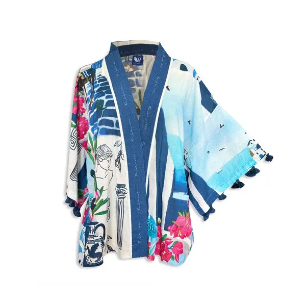 PICK HAPPY Short Kimono Cotton Tassels Santorini Limited - Blue