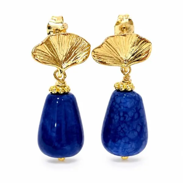 Way To Chic Deep Agate & Gold Ginkgo Leaf Earrings - Blue