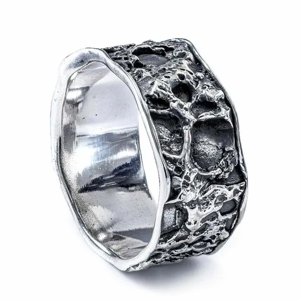 GERMAN KABIRSKI Velours Oxidized Ring With Textured Edgy Design - Silver