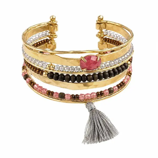 RARE MATTERS JEWELRY Boho Beaded Hamme Wire Cuff Bracelet With Jade & Tassel - Red