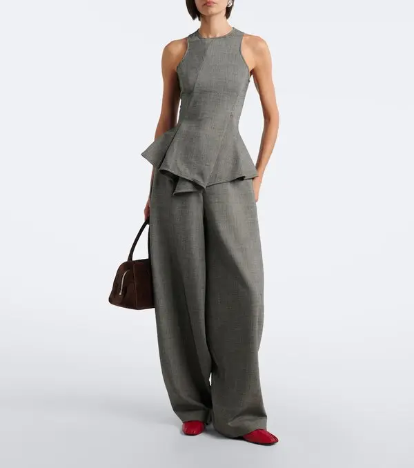Magda Butrym Herringbone Pleated Peplum Wool-blend Top