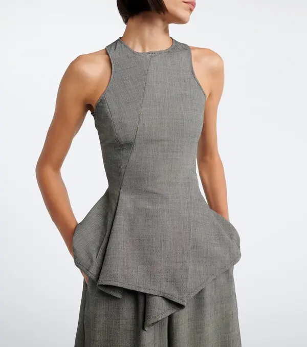 Magda Butrym Herringbone Pleated Peplum Wool-blend Top