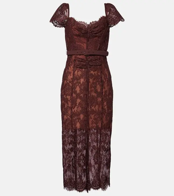 SELF-PORTRAIT Belted Floral Lace Midi Dress - Brown