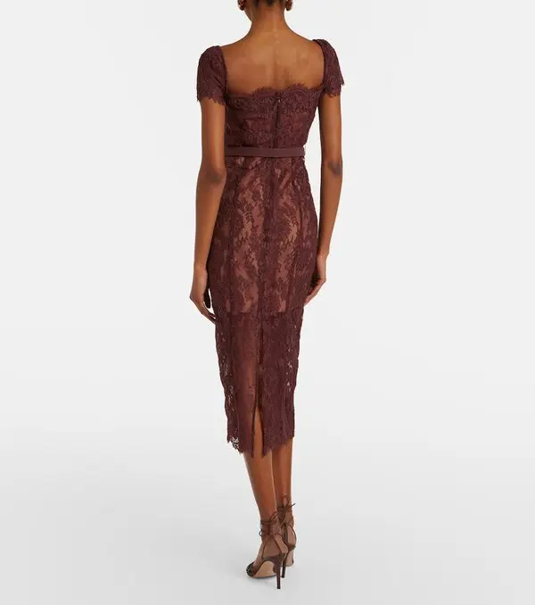 SELF-PORTRAIT Belted Floral Lace Midi Dress - Brown