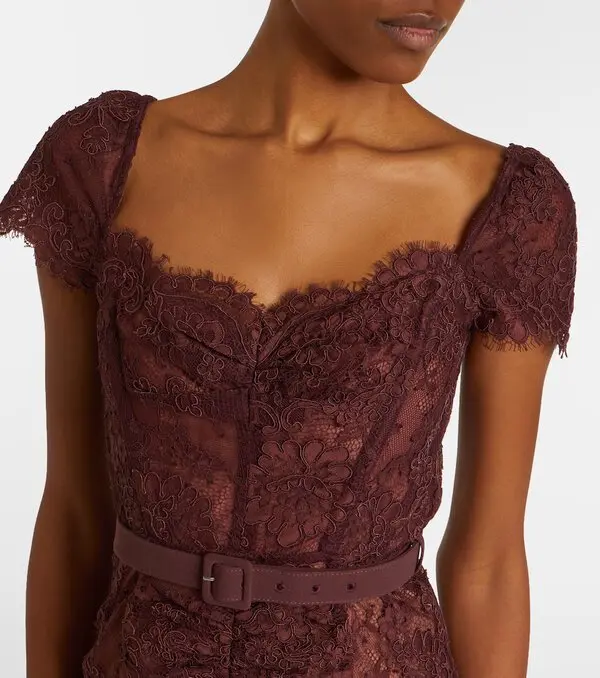 SELF-PORTRAIT Belted Floral Lace Midi Dress - Brown