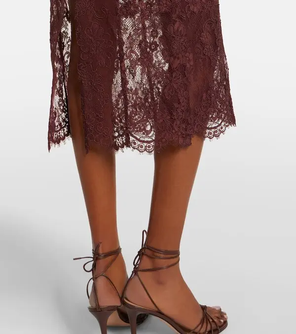 SELF-PORTRAIT Belted Floral Lace Midi Dress - Brown