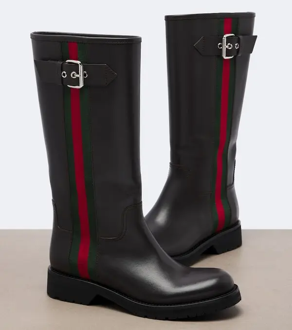 Gucci Web Stripe Leather Biker Boots