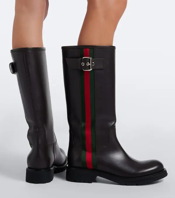 Gucci Web Stripe Leather Biker Boots