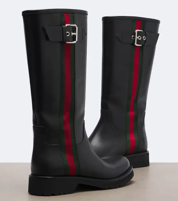 Gucci Web Stripe Leather Biker Boots