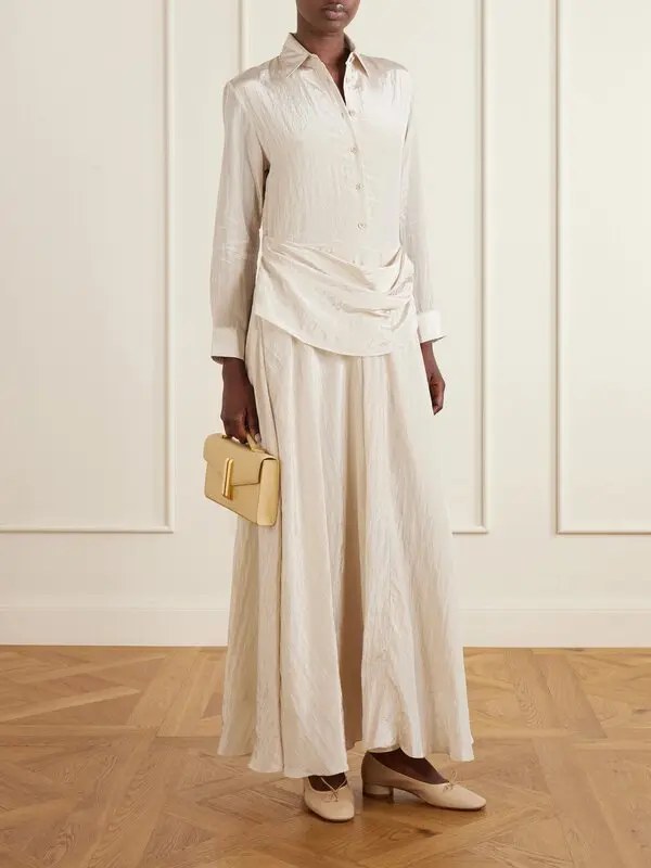 ABADIA Draped Crinkled-satin Midi Shirt Dress