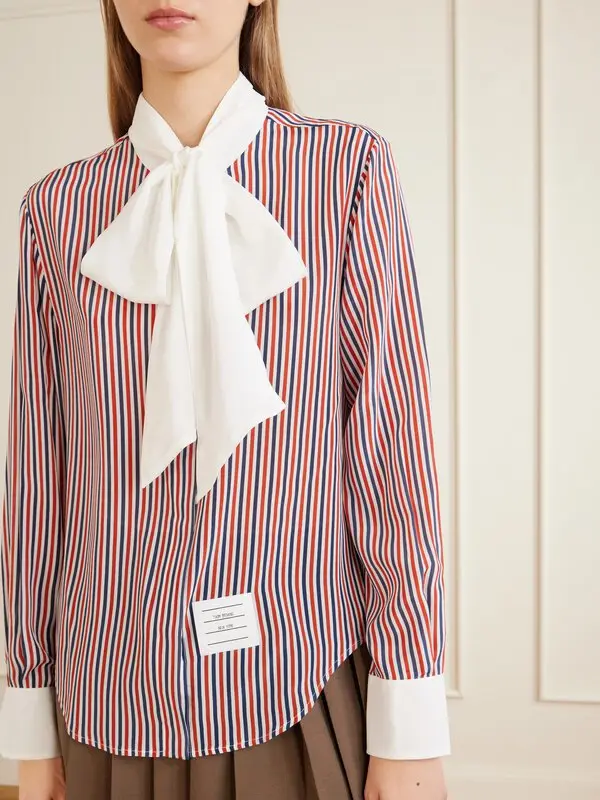 Thom Browne Bow-detailed Striped Silk Crepe De Chine Shirt - Red