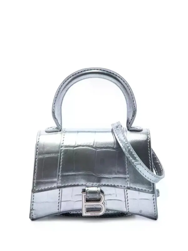 Balenciaga 2022 Mini Metallic Croc Embossed Calfskin Hourglass Top Handle Bag Satchel - Silver