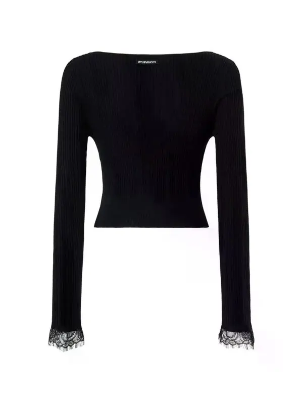 Pinko Cropped Cardigan In Silk And Cashmere Blend With Lace - Black