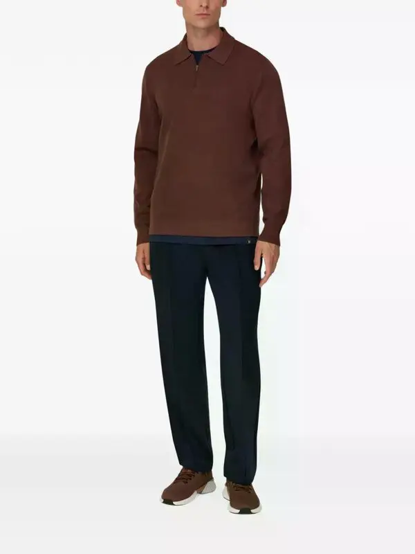 Boggi Milano Knitted Polo Shirt Quarter-zip Wool Blend Wooltech - Brown