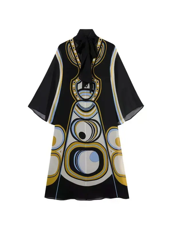 La DoubleJ Geometric-print Pussy-bow Midi Dress - Black