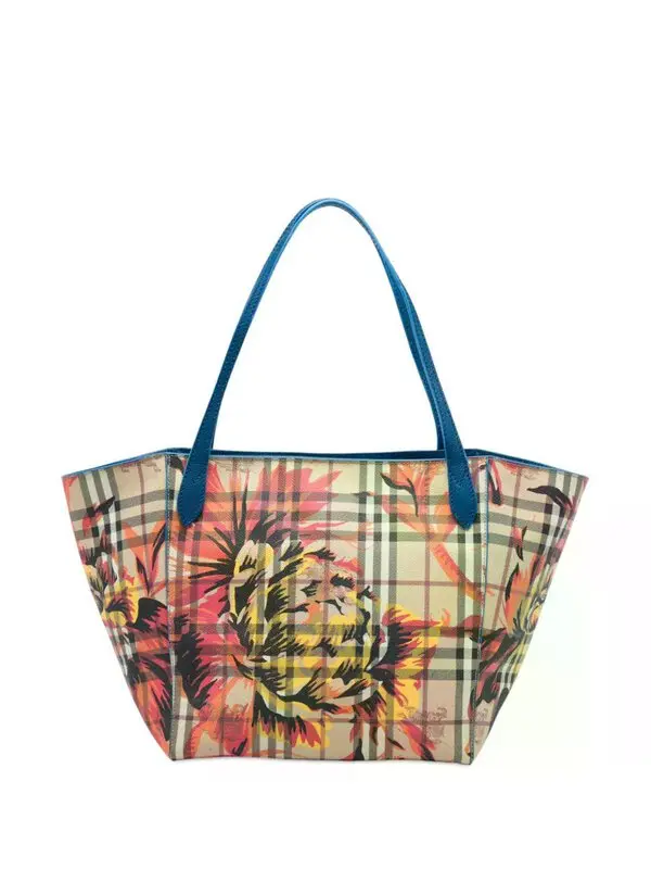 Burberry 2000-2017 Small Haymarket Check Coated Canvas Floral Print Canterbury Tote Bag - Neutrals